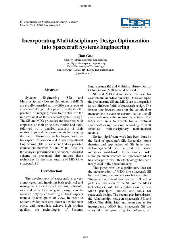 Pdf Incorporating Multidisciplinary Design Optimization Into Spacecraft Systems Engineering