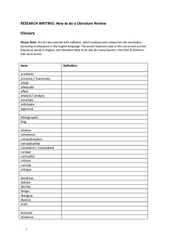 (DOC) RESEARCH WRITING: How to do a Literature Review Glossary