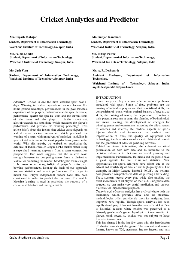 (PDF) Cricket Analytics and Predictor