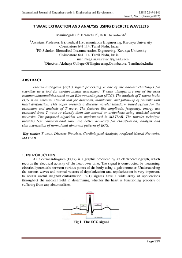 Pdf T Wave Extraction And Analysis Using Discrete Wavelets