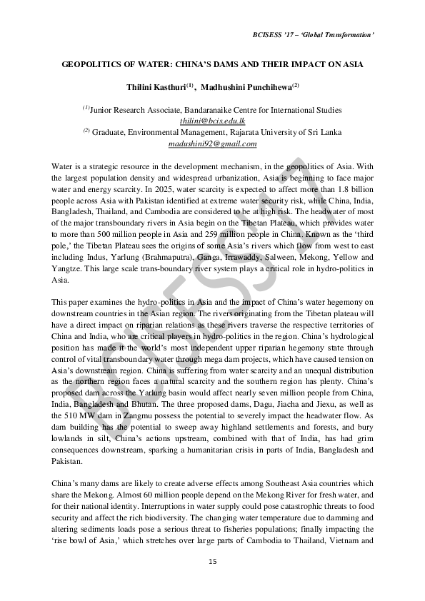 (PDF) GEOPOLITICS OF WATER: CHINA'S DAMS AND THEIR IMPACT ON ASIA