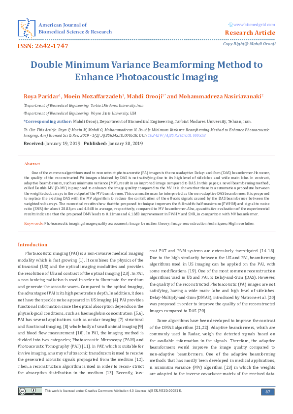 (PDF) Double Minimum Variance Beamforming Method to Enhance Photoacoustic Imaging