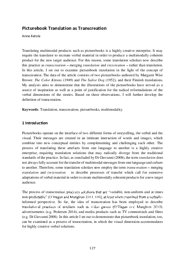 (PDF) Picturebook Translation as Transcreation