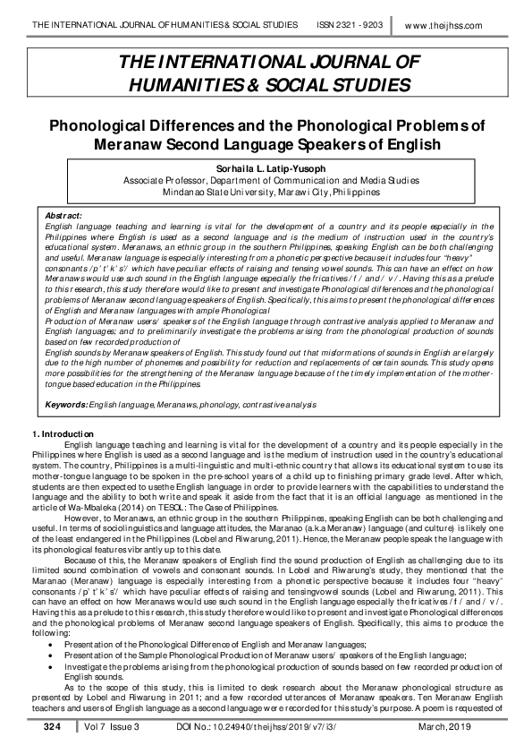 (PDF) Phonological Differences and the Phonological Problems of Meranaw Second Language Speakers ...
