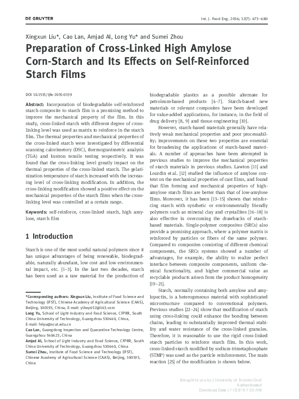 (PDF) Preparation of Cross-Linked High Amylose Corn-Starch and Its ...