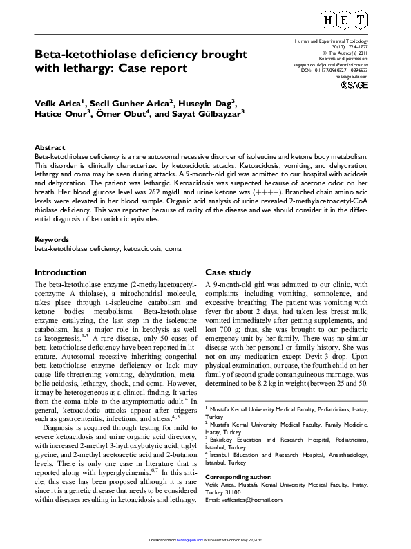 (PDF) Beta-ketothiolase deficiency brought with lethargy: Case report
