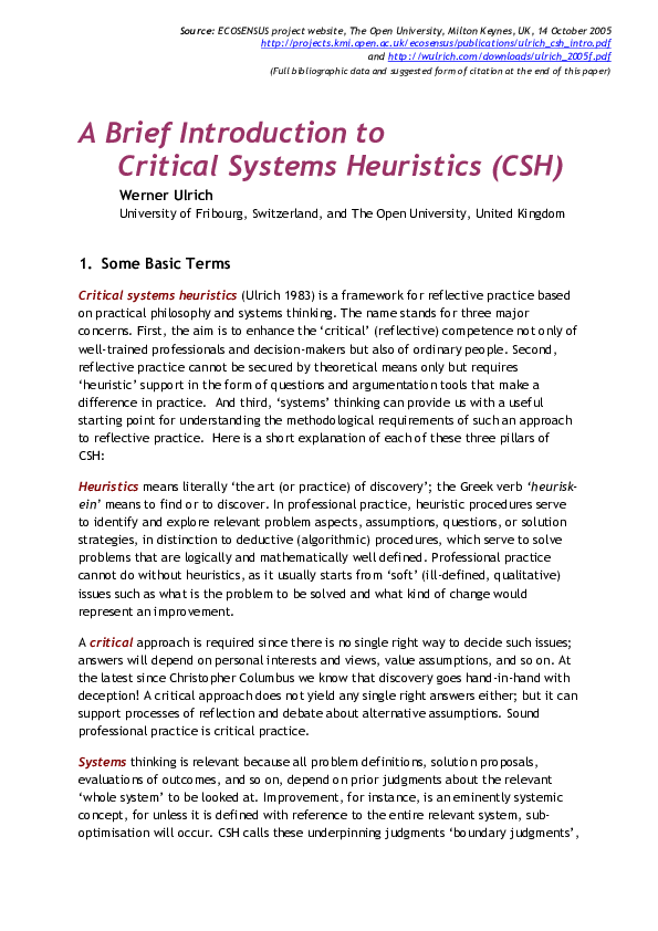 (PDF) Ulrich, W. (2005). A brief introduction to critical systems ...