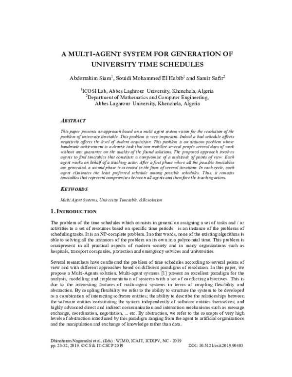 (PDF) A MULTI-AGENT SYSTEM FOR GENERATION OF UNIVERSITY TIME SCHEDULES