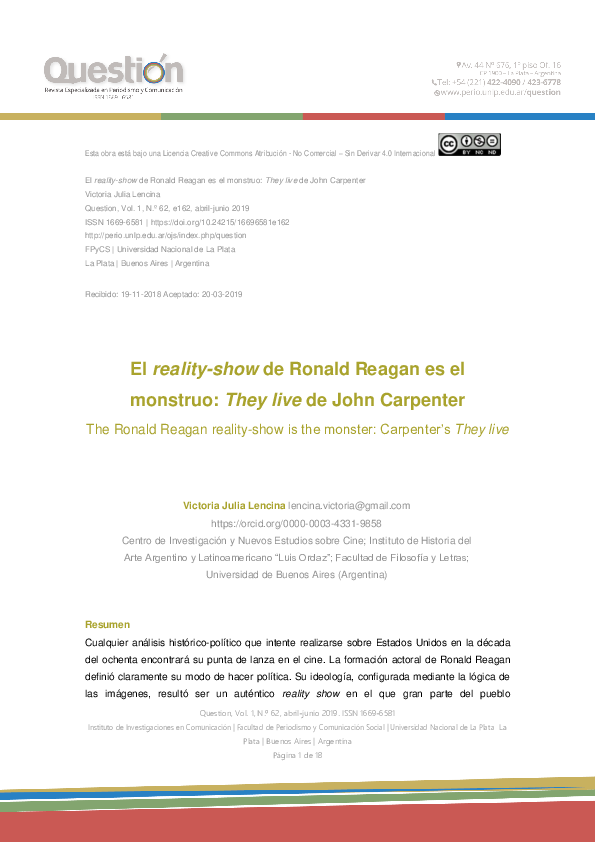 (PDF) El reality-show de Ronald Reagan es el monstruo: They live de ...