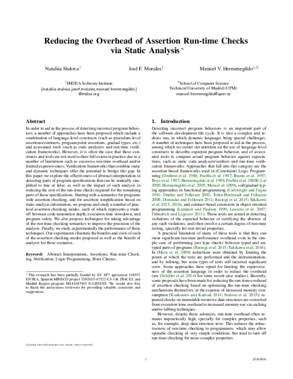 (PDF) Reducing the Overhead of Assertion Run-time Checks via Static Analysis | Nataliia Stulova ...