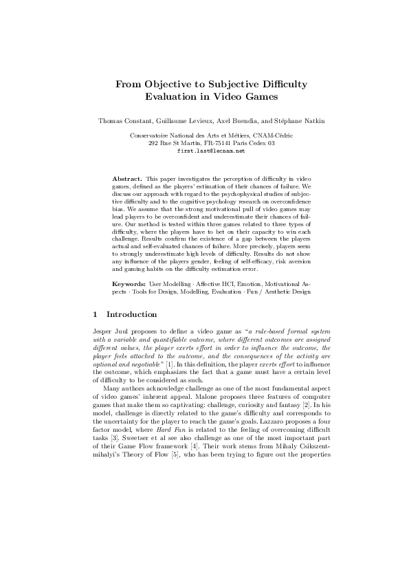 (PDF) From Objective to Subjective Difficulty Evaluation in Video Games