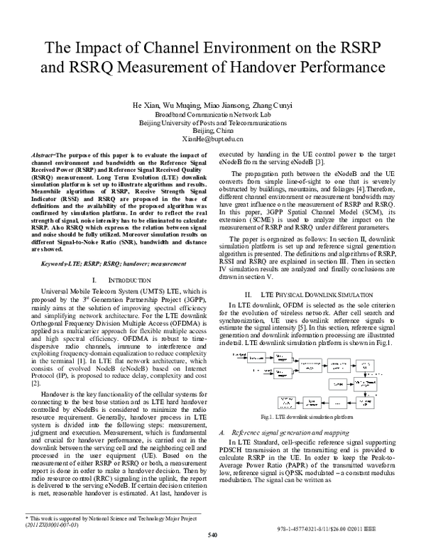 (PDF) The Impact of Channel Environment on the RSRP and RSRQ Measurement of Handover Performance