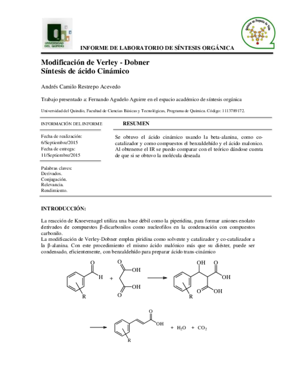(PDF) INFORME DE LABORATORIO DE SÍNTESIS ORGÁNICA Modificación de ...