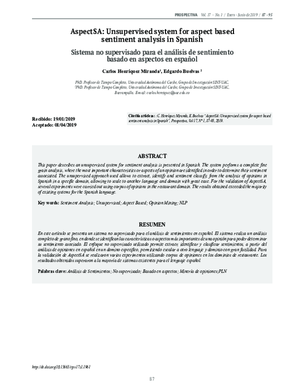 Pdf Aspectsa Unsupervised System For Aspect Based Sentiment Analysis