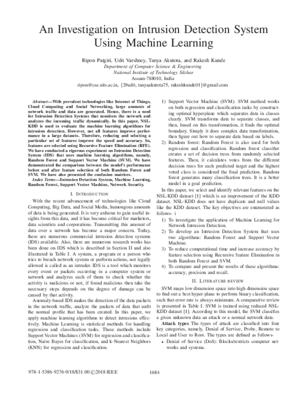 (PDF) An Investigation on Intrusion Detection System Using Machine Learning
