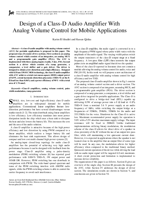 (PDF) Design of a Class-D Audio Amplifier With Analog Volume Control ...
