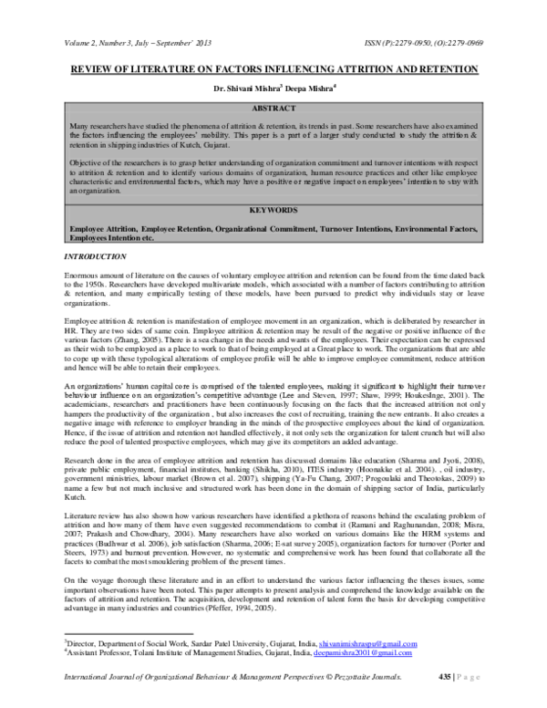 (PDF) REVIEW OF LITERATURE ON FACTORS INFLUENCING ATTRITION AND RETENTION