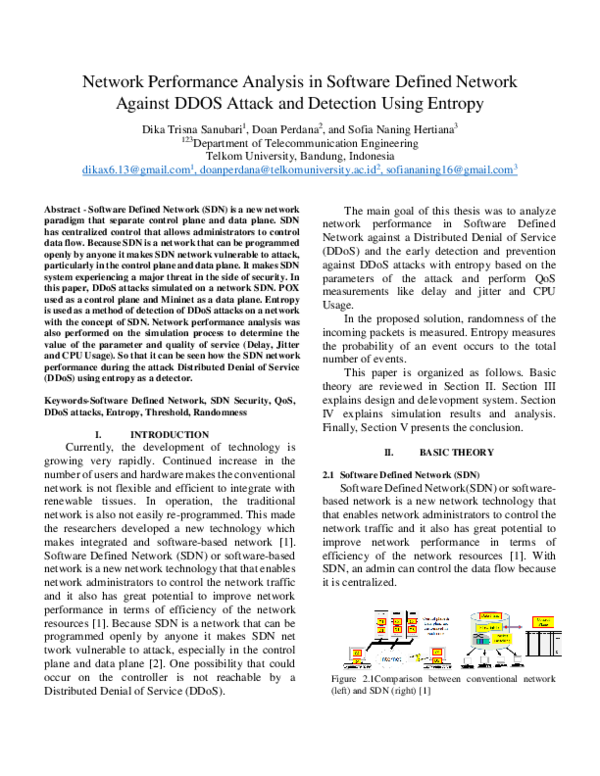 (PDF) Network Performance Analysis in Software Defined Network Against DDOS Attack and Detection ...