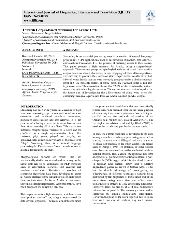 (PDF) Corpus-Based Stemming for Arabic Texts (PDF) Corpus-Based Stemming for Arabic Texts