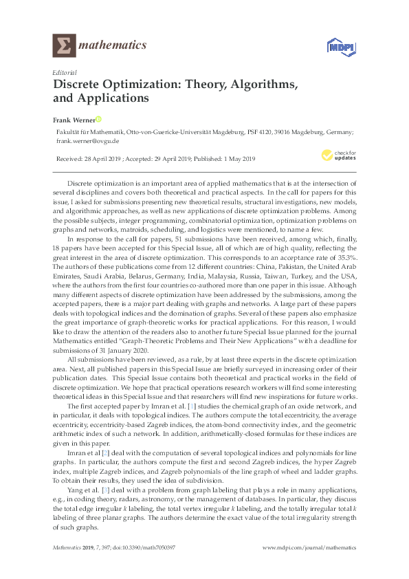 Pdf Editorial Discrete Optimization Theory Algorithms And Applications Frank Werner