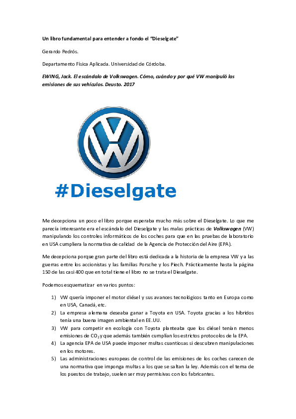 (PDF) Sobre el Libro de Jack Ewing dedicado al escandalo dieselgate