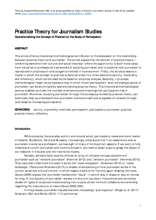 (PDF) Practice Theory for Journalism Studies: Operationalizing the ...