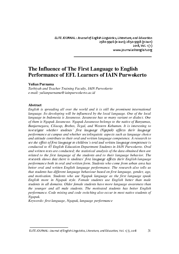 (PDF) The Influence of The First Language to English Performance of EFL ...