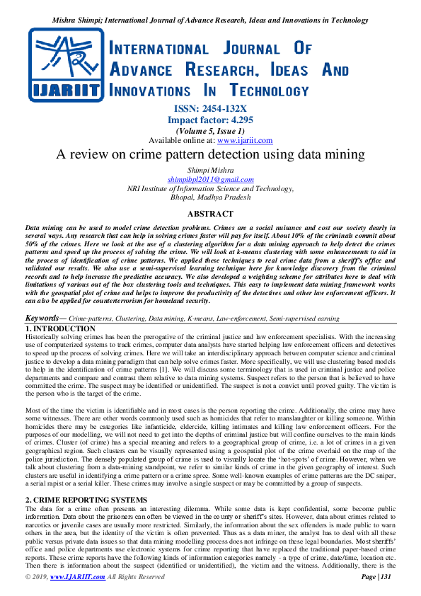 Pdf A Review On Crime Pattern Detection Using Data Mining