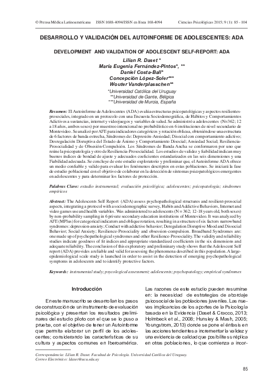 (PDF) DESARROLLO Y VALIDACIÓN DEL AUTOINFORME DE ADOLESCENTES: ADA ...