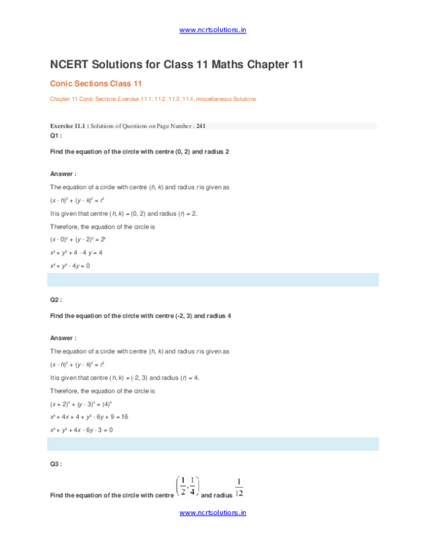 (PDF) Conic Sections Class 11