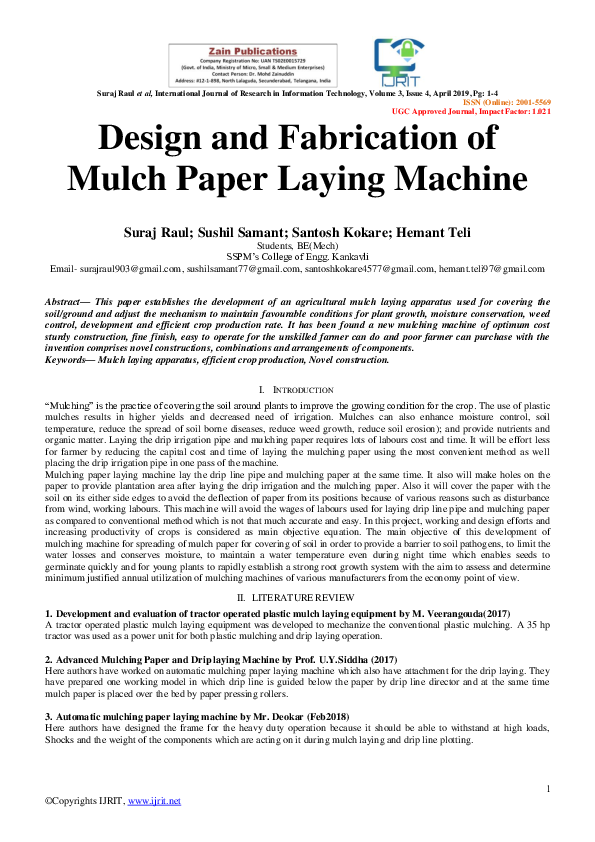 (PDF) Design and Fabrication of Mulch Paper Laying Machine