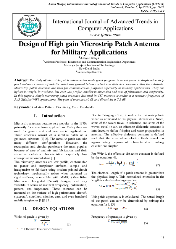 (PDF) Design of High gain Microstrip Patch Antenna for Military Applications