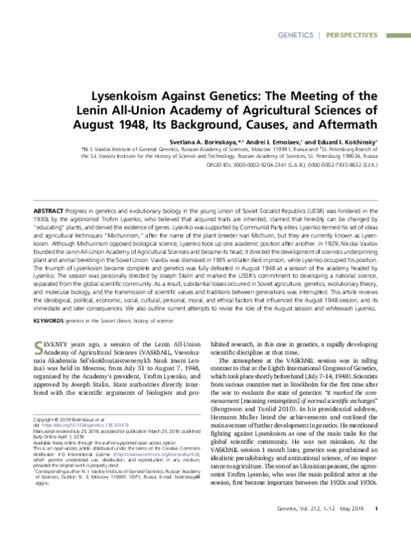 (PDF) Lysenkoism Against Genetics: The Meeting of the Lenin All-Union ...
