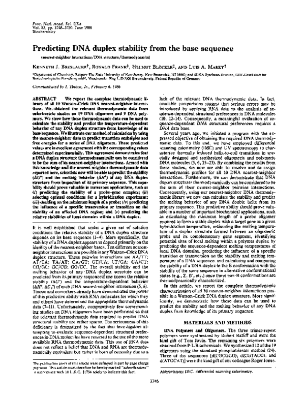 (PDF) Predicting DNA duplex stability from the base sequence (nearest ...