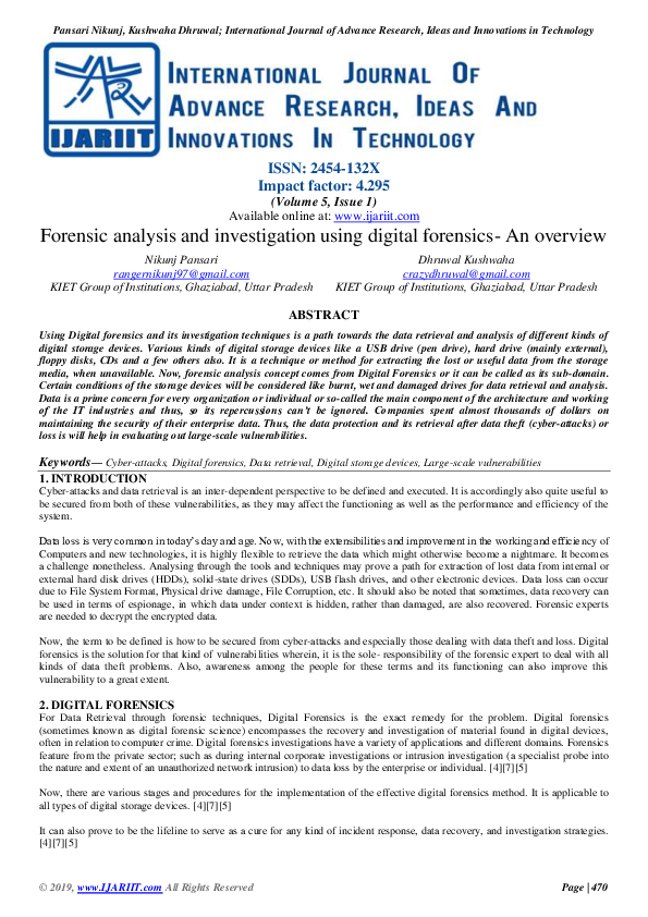 Pdf Forensic Analysis And Investigation Using Digital Forensics An Overview