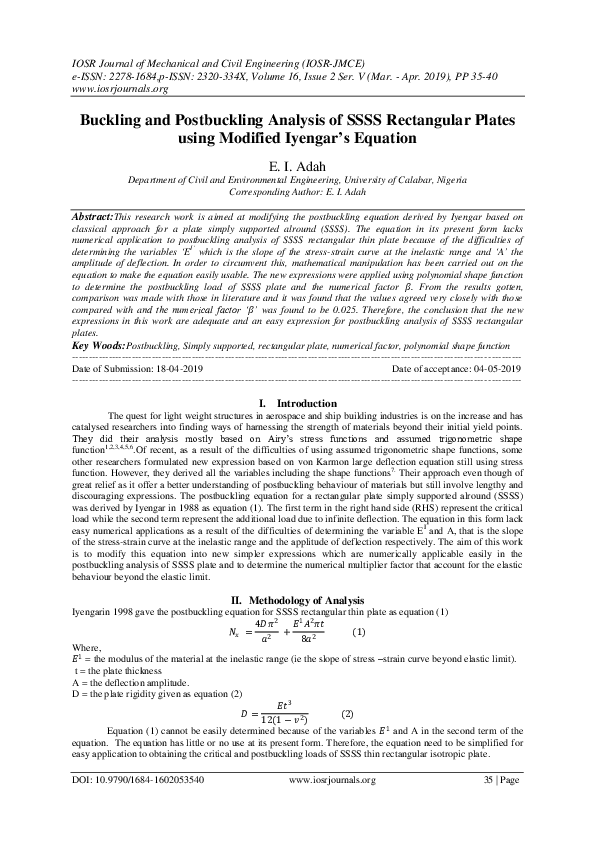Pdf Buckling And Postbuckling Analysis Of Ssss Rectangular Plates Using Modified Iyengars