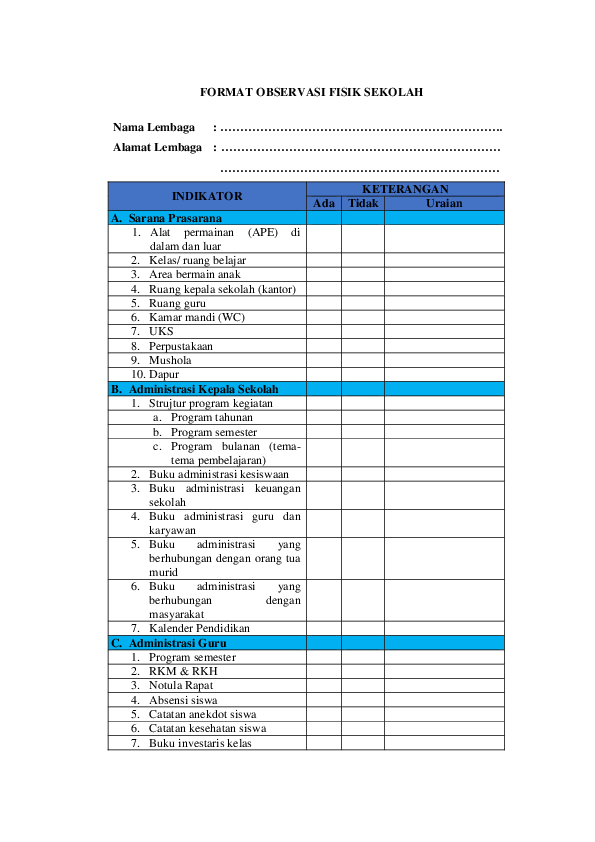 (DOC) FORMAT OBSERVASI FISIK SEKOLAH