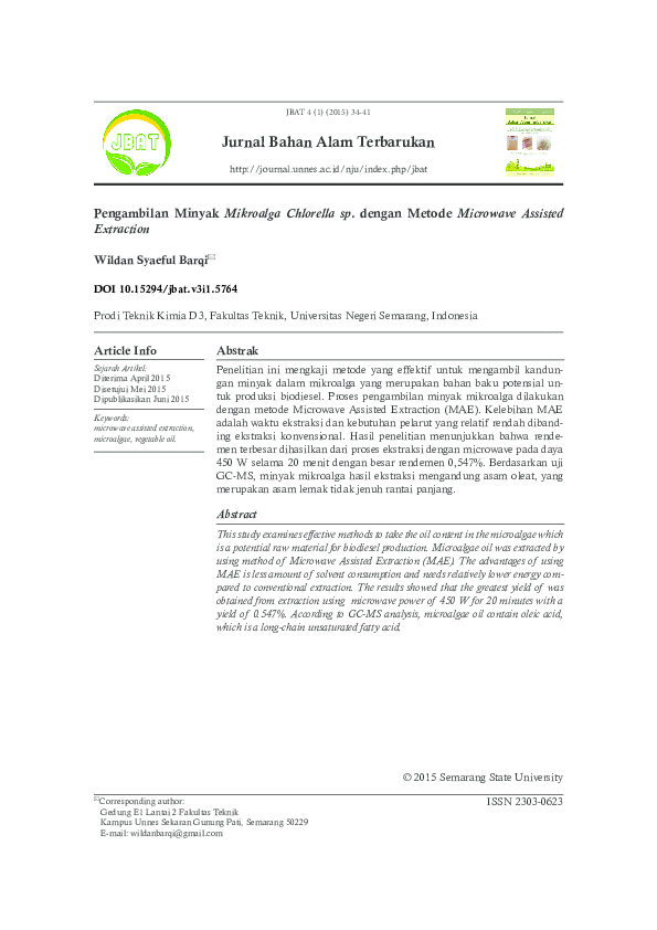 (PDF) Pengambilan Minyak Mikroalga Chlorella sp. dengan Metode ...