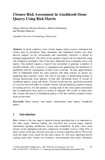 (PDF) Closure Risk Assessment in Atashkooh Stone Quarry Using Risk Matrix