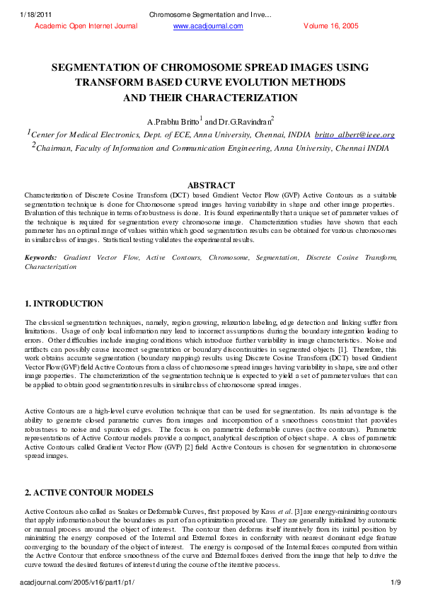 (PDF) SEGMENTATION OF CHROMOSOME SPREAD IMAGES USING TRANSFORM BASED CURVE EVOLUTION METHODS AND ...