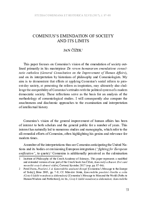 (PDF) Comenius's Emendation of Society and its Limits