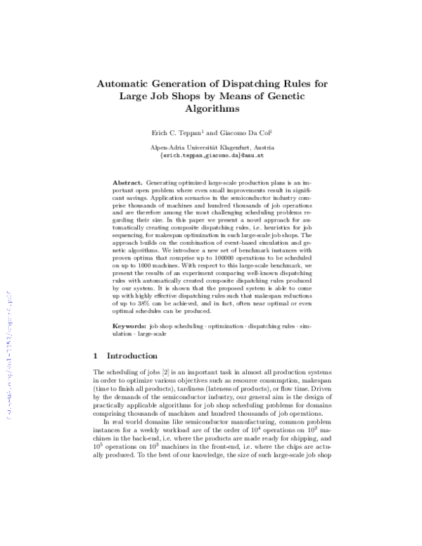 Pdf Automatic Generation Of Dispatching Rules For Large Job Shops By Means Of Genetic Algorithms 
