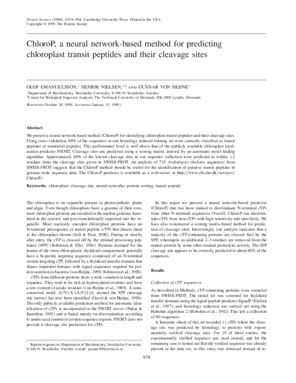 (PDF) ChloroP, a neural network‐based method for predicting chloroplast ...