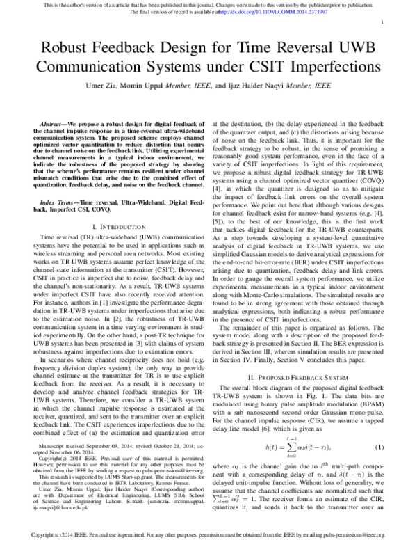 Pdf Robust Feedback Design For Time Reversal Uwb Communication Systems Under Csit