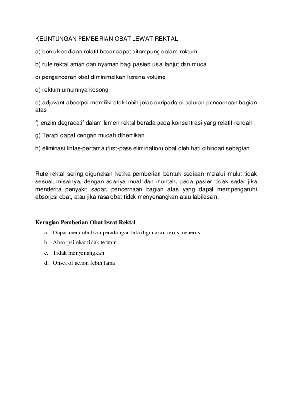 (DOC) KEUNTUNGAN DAN KERUGIAN PEMBERIAN OBAT LEWAT REKTAL