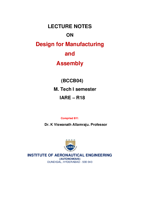 Pdf Lecture Notes On Design For Manufacturing And Assembly Bccb04 M