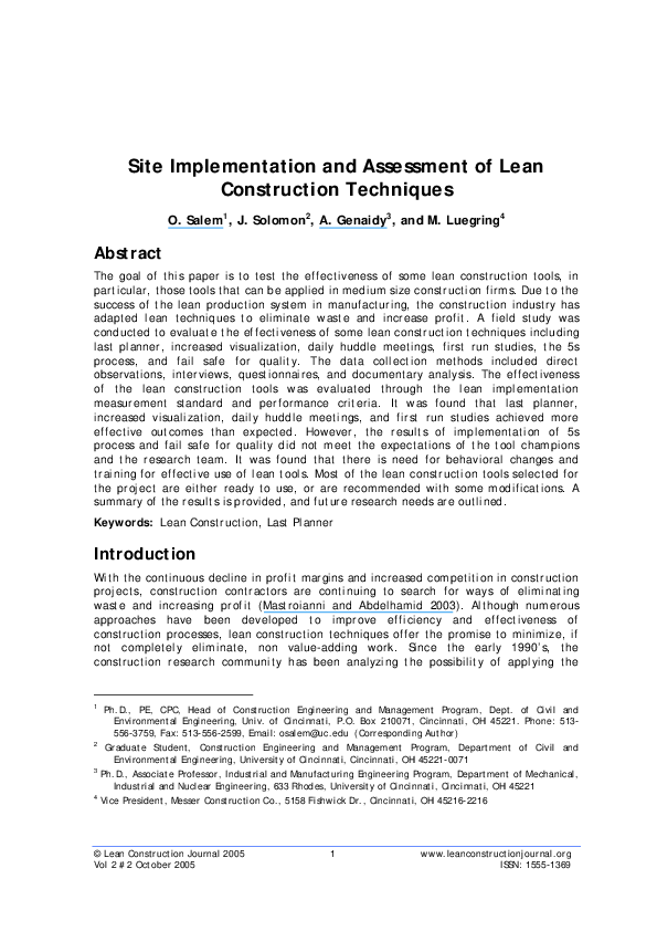 (PDF) Site Implementation and Assessment of Lean Construction Techniques