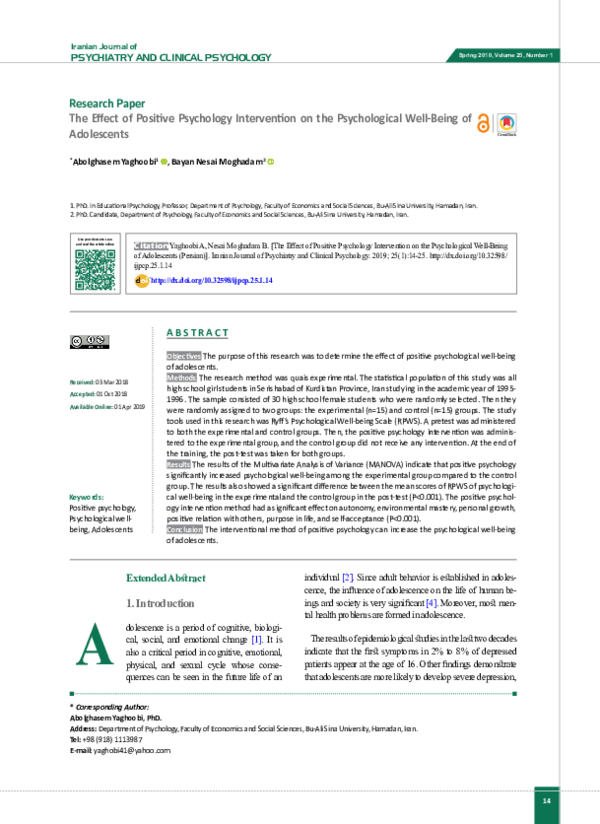 (PDF) Research Paper The Effect of Positive Psychology Intervention on ...