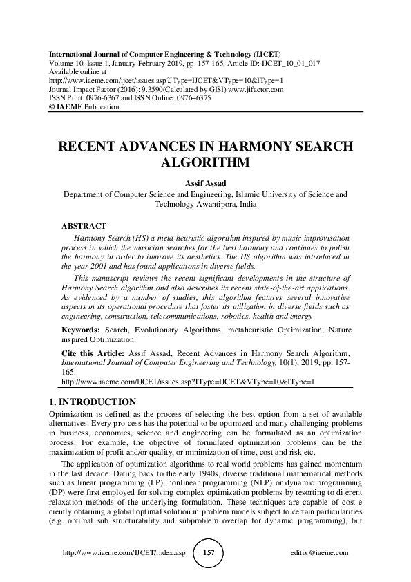 (PDF) RECENT ADVANCES IN HARMONY SEARCH ALGORITHM