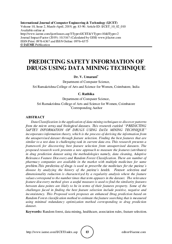 Pdf Predicting Safety Information Of Drugs Using Data Mining Technique